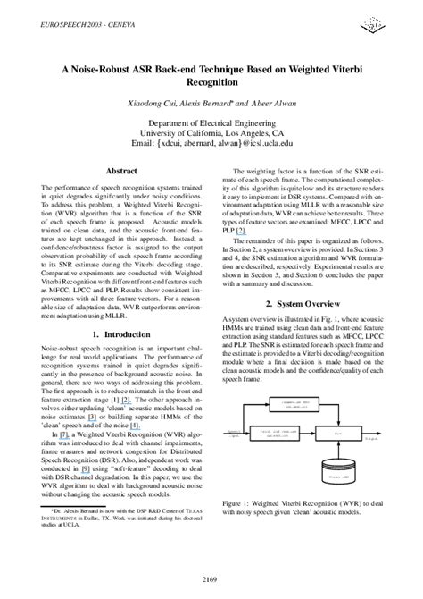 Pdf Noise Robust Asr Using Weighted Viterbi