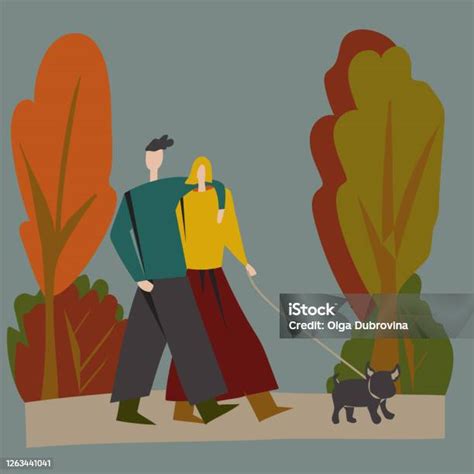 사랑에 빠진 부부는 사랑하는 개와 함께 공원에서 산책을 합니다 한 남자가 여자를 껴안습니다 사랑과 가족의 가치의 개념 가을 색상 벡터 일러스트 현대적인 평면 디자인 벡터