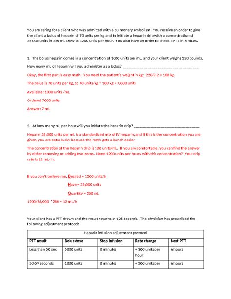 Math Practice Answers For Heparin You Are Caring For A Client Who Was Admitted With A
