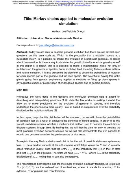 Pdf Markov Chains Applied To Molecular Evolution Simulation