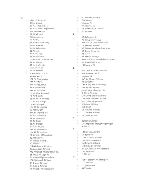 Airline Codes A Y Pdf Airlines Companies