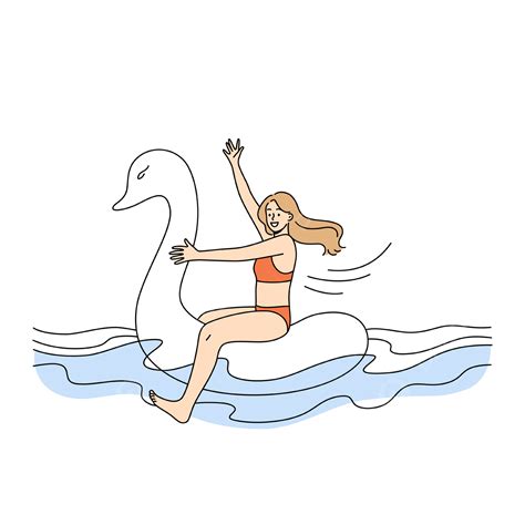 Happy Girl In Swimsuit Float On Rubber Swan Woman Summer Ring Png