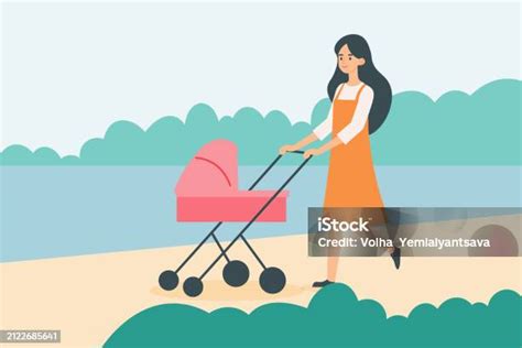 공원에 어린이 마차가 있는 젊은 여자 출산 가족 평면 벡터 일러스트 레이 션 어머니의 날 출산 휴가에 대한 스톡 벡터 아트 및 기타 이미지 Istock