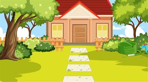 Сцена с домом и садом Бесплатно векторы Photoshop Backgrounds Backdrops Cartoon House