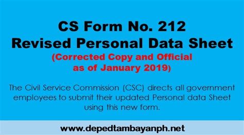 CS Form No Revised Personal Data Sheet Corrected Copy And Official As Of January
