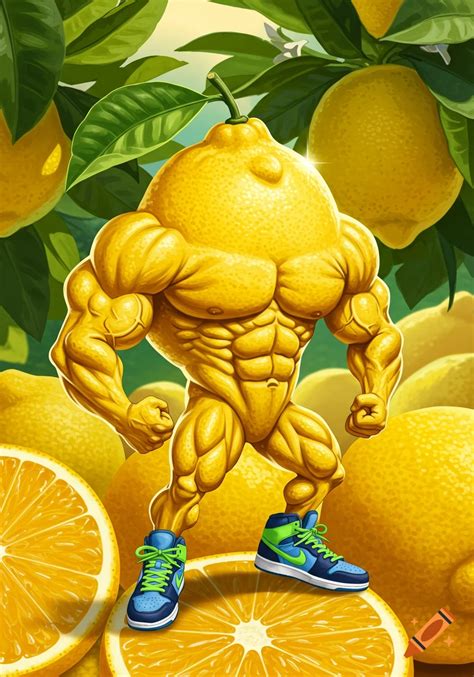 A Super Muscular Anthropomorphic Lemon With Bulging Muscles Wears Blue