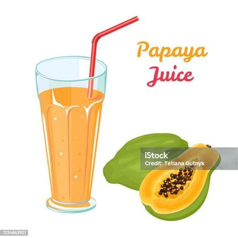 유리 컵에 신선한 파파야 주스 흰색 배경에 고립 만화 플랫 스타일의 열대 과일과 맛있는 음료의 벡터 그림 0명에 대한 스톡 벡터 아트 및 기타 이미지 Istock