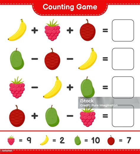게임을 계산 과일의 수를 계산하고 결과를 작성합니다 교육 어린이 게임 인쇄 워크 시트 벡터 일러스트레이션 0명에 대한 스톡 벡터