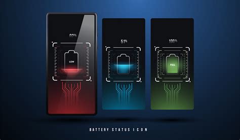 스마트폰 Ui의 배터리 충전 수준 표시기 방전 및 완전히 충전된 배터리 스마트폰 미래 Hud 요소와 지표 가득 찬에 대한 스톡