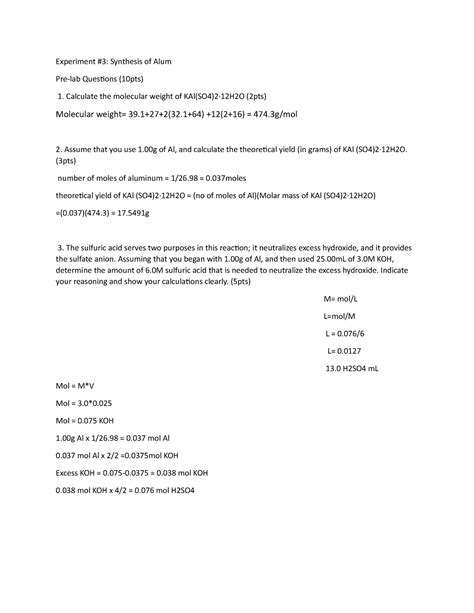 Chem Pre Lab 3 Na No Experiment 3 Synthesis Of Alum Pre Lab