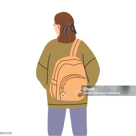배낭을 가진 젊은 여자의 뒷모습 플랫 스타일의 벡터 일러스트 레이 션 십대에 대한 스톡 벡터 아트 및 기타 이미지 십대 후드티 가방 Istock