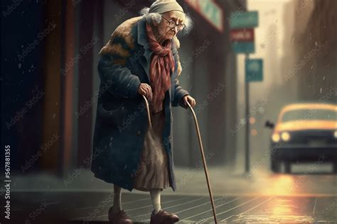 Slowly Walking Old Woman With Cane On Busy Street Ai Generative