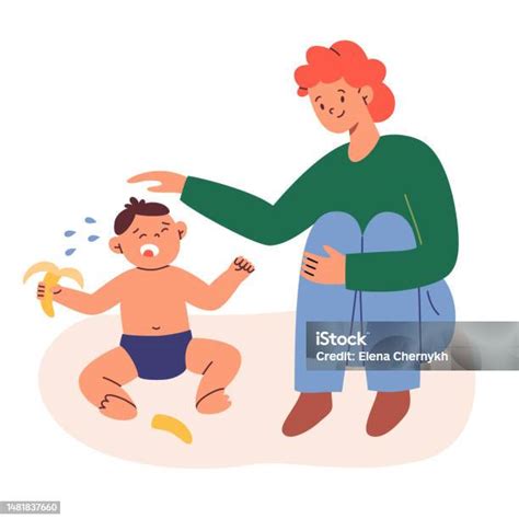 아이를 위로하는 어머니 깨진 바나나 위에 우는 아이 엄마 달래는 비명을 지르는 아기 손으로 그린 구성 육아의 벡터 삽화 짜증 내는에 대한 스톡 벡터 아트 및 기타 이미지