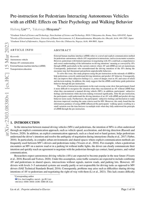 Pdf Pre Instruction For Pedestrians Interacting Autonomous Vehicles With An Ehmi Effects On
