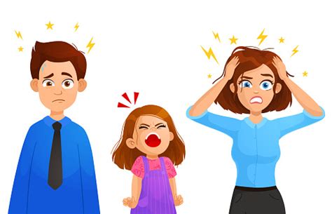 딸과 함께 미친 머리를 한 피곤한 아버지 매우 화가 난 소녀가 비명을 지르고 있습니다 육아 스트레스 개념 아이들과 부모 사이의 관계 흰색 배경에 일러스트 레이 션 가족에