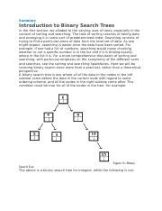 Intro To Binary Search Tree Docx Summary Introduction To Binary