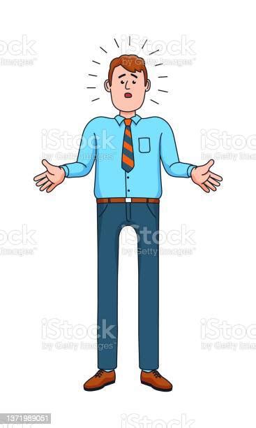 혼란스러운 남자가 어깨를 으쓱하고 팔을 퍼뜨리고 있습니다 감정에 대한 스톡 벡터 아트 및 기타 이미지 감정 경영자 과로 Istock