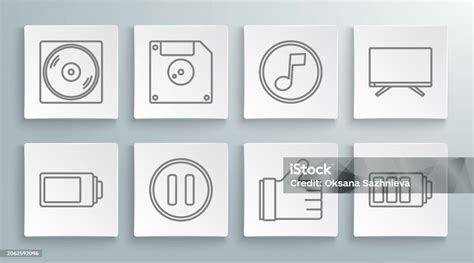 라인 배터리 충전 수준 표시기 컴퓨터 데이터 저장용 플로피 디스크 일시 중지 버튼 손 모양 음표 톤 스마트 Tv 및 비닐