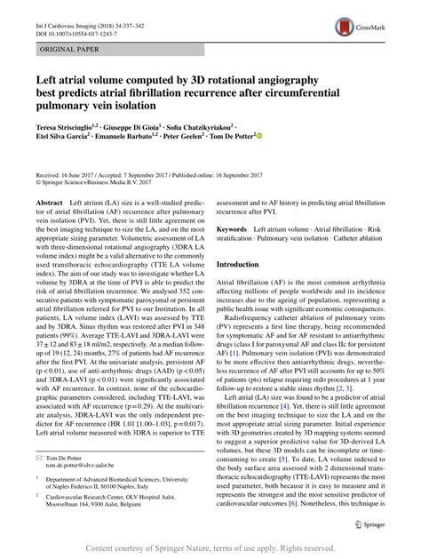 Left Atrial Volume Computed By 3d Rotational Angiography Best Predicts