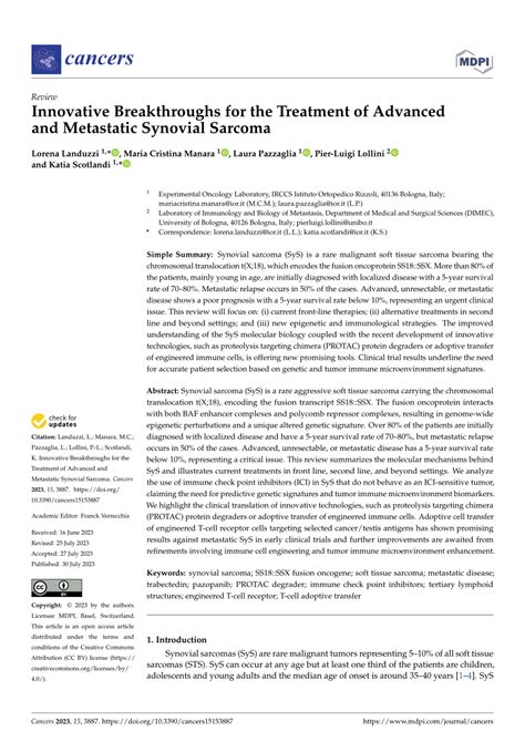 Pdf Innovative Breakthroughs For The Treatment Of Advanced And Metastatic Synovial Sarcoma
