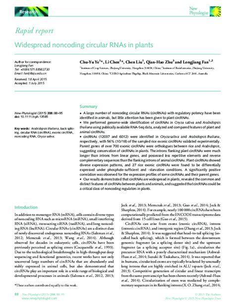 Pdf Widespread Noncoding Circular Rnas In Plants