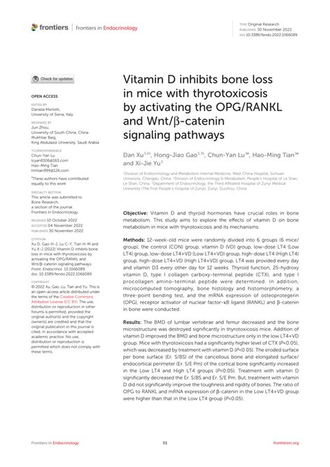Pdf Vitamin D Inhibits Bone Loss In Mice With Thyrotoxicosis By
