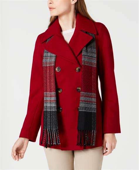 London Fog Wool Double Breasted Plaid Scarf Peacoat In Red Save 17