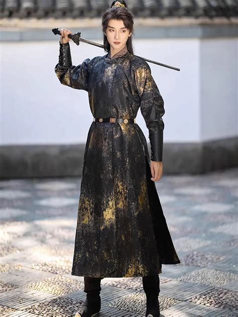Mens Chinese Tang Dynasty Round Collar Hanfu Robe Oriental Me