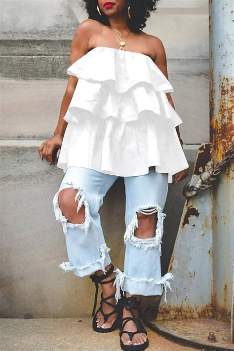 Wholesale White Sexy Casual Solid Patchwork Backless Strapless Tops K74260 2 Online