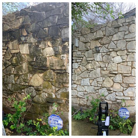 Before And After Photos Of Pressure Washing The Stone Wall In Front Of