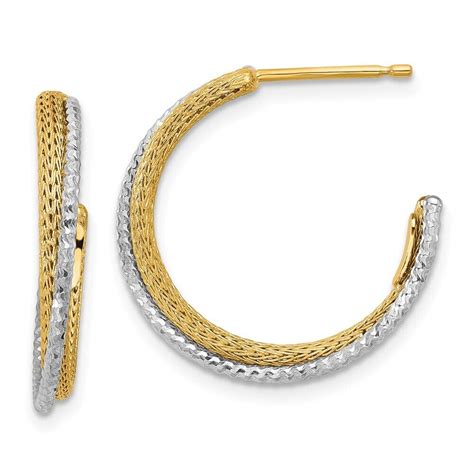 14k Wrhodium Polishedtextureddia Cut J Hoop Earrings Ebay