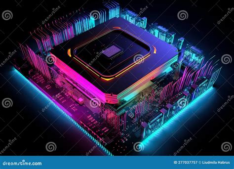 Circuit Board With Microchips In Ultraviolet Light Generative Ai Stock Illustration
