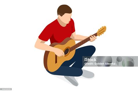 아이소메트릭 클래식 어쿠스틱 6현 기타 바닥에 앉아 기타를 연주하는 남자 하얀 배경에 고립 갈색에 대한 스톡 벡터 아트 및 기타 이미지 Istock