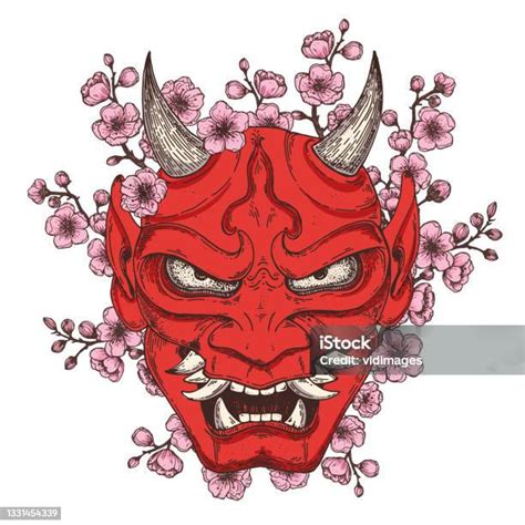 벚꽃과 한야 마스크 손으로 그린 벡터 일러스트레이션 일본의 전통 악마 문신 인쇄 티셔츠 프린트 패브릭 및 기타 용도에 대한 손으로 그린 일러스트레이션 Hannya Mask에