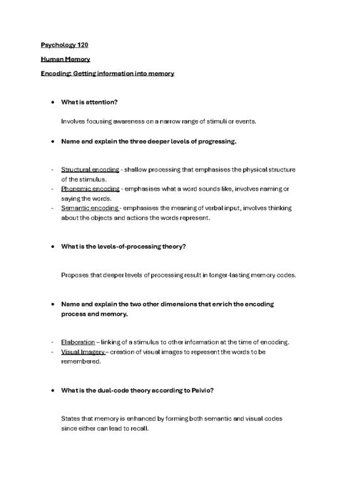 Human Memory Encoding Psychology 120 Human Memory Encoding Getting