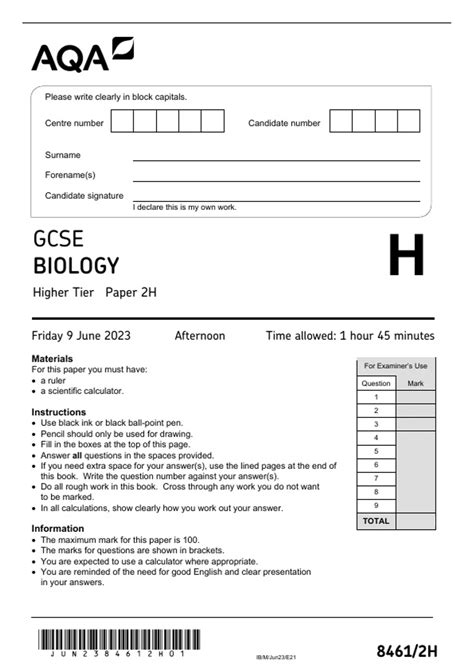 Gcse Aqa June 2023 Higher Triple Science Biology Paper 2 Science Stuvia Uk