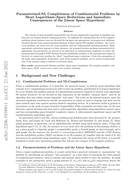 Pdf Parameterized Nl Completeness Of Combinatorial Problems By Short