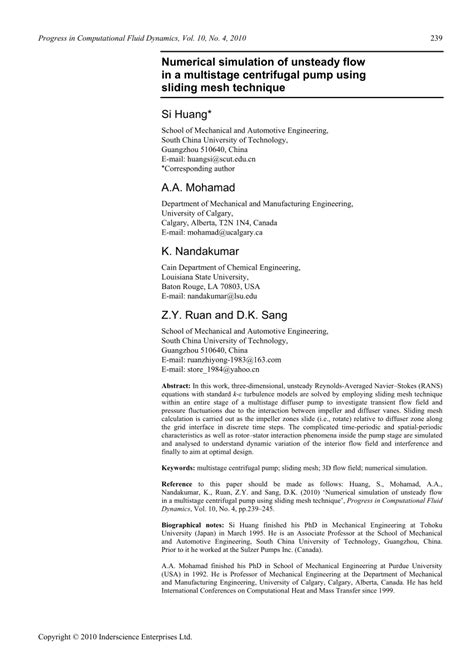 Pdf Numerical Simulation Of Unsteady Flow In A Multistage Centrifugal Pump Using Sliding Mesh
