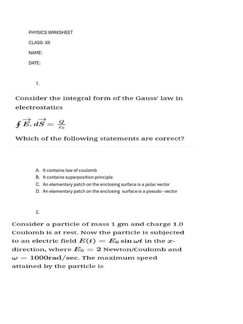 Physics Wirksheet Class Xii Name Date Pdf