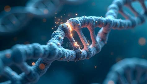Microscope Style 3d Concept Render Of Broken Blue Dna Helix With Floating Nucleotide Fragments