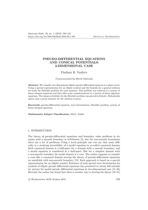 Pdf Pseudo Differential Equations And Conical Potentials 2 Dimensional Case