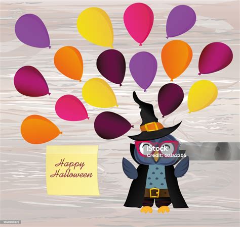 할로윈입니다 소송에서 올빼미 공중으로 전통적인 풍선 많이 던졌습니다 휴가 대 한 인사말 카드입니다 텍스트에 대 한 공간을 복사 합니다 나무 뒤에 벡터입니다 노란색 메모