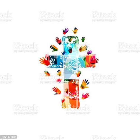 인간의 손 고립 된 벡터 일러스트와 다채로운 기독교 십자가 종교는 배경을 테마로 했다 기독교 교회 자선 도움과 지원 기도와 보살핌을 위한 디자인 예수에 대한 스톡 벡터 아트