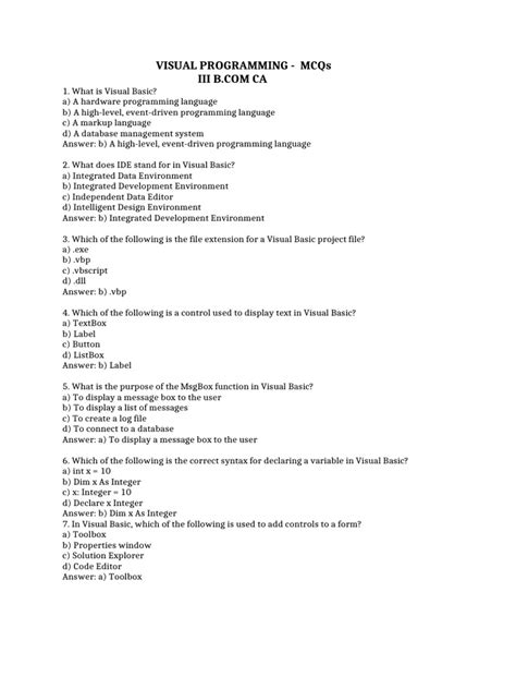 Visual Programming Mcq Pdf Control Flow Databases