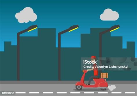 밤에 피자 배달 서비스입니다 특 종에 남자는 피자를 제공합니다 소년 신속 하 게 무료로 스쿠터에 음식을 제공 하 고 벡터 일러스트 레이 션 두발자전거에 대한 스톡 벡터 아트