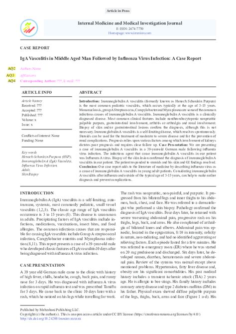 Pdf Iga Vasculitis In Middle Aged Man Followed By Influenza Virus Infection A Case Report