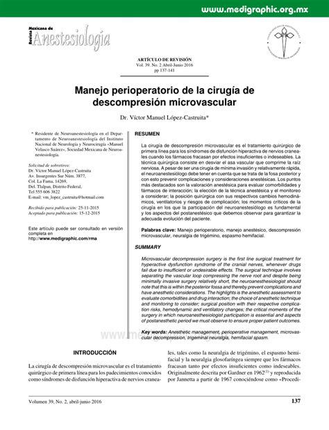 Pdf Perioperative Management Of Microvascular Decompression Surgery