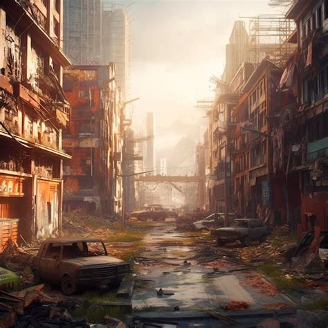 해질녘의 포스트 아포칼립스 도시 배경 Generative Ai 프리미엄 사진