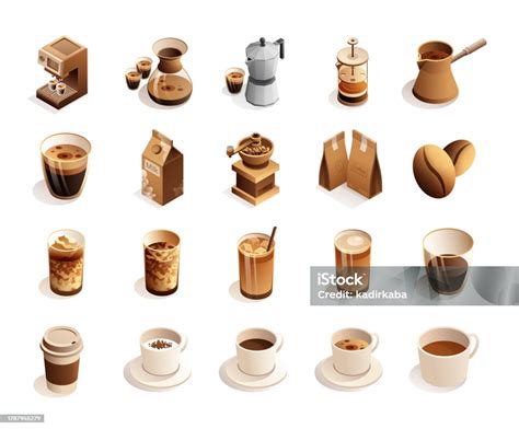 커피 등각 투영 아이콘 세트와 3 차원 디자인의 벡터 그림입니다 커피 아메리카노 에스프레소 라떼 모카 카페 휴식 시간 음료 프라푸치노 프렌치 프레스 바리 스타 커피 마실