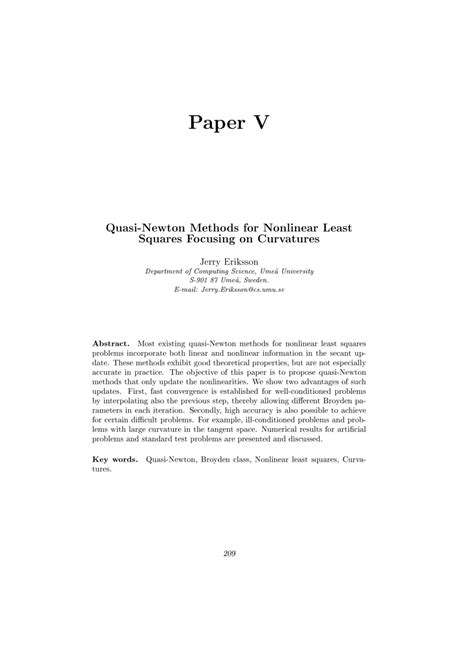 Pdf Quasi Newton Methods For Nonlinear Least Squares Focusing On Curvatures